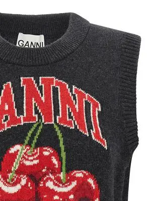 GANNI Cherry Wool Jacquard Sleeveless Waistcoat - Black