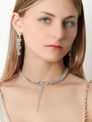 SELF-PORTRAIT Crystal Bow Choker - Silver