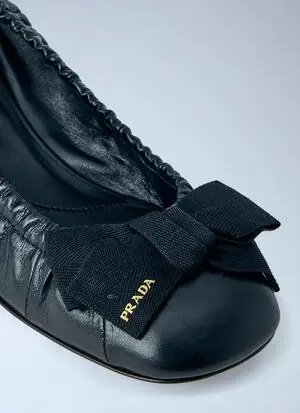 Prada Leather Bow Detail Ballet Flats - Black