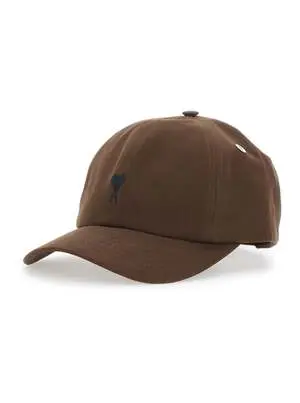 AMI Paris Quota Hat With De Coeur Embroidery In Tech Fabric - Brown