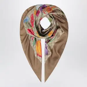 Gucci Wool And Silk Shawl With Flora And Gg Print In Shell - Multicolor