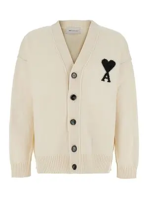 AMI Paris V-neck Cardigan With Logo - White