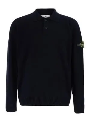 Stone Island Blue Polo Shirt With Logo Patch Applied On The Sleeve In Wool For - Multicolor