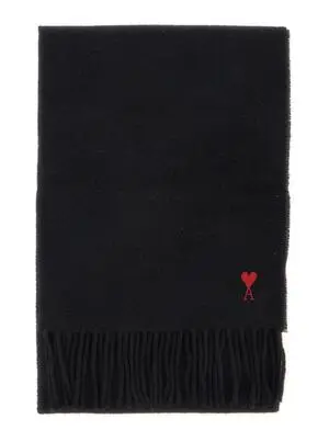 AMI Paris Wool Scarf With Red De Coeur Embroidery And Black Color - Multicolor