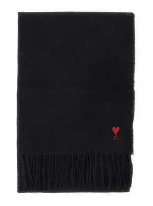 AMI Paris Black Scarf With Fringed Hem And Adc Embroidery On The Front In Wool For - Multicolor