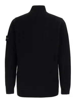 Stone Island High-neck Sweater With Front Buttons And Logo Patch On The Sleeve In Wool For - Black