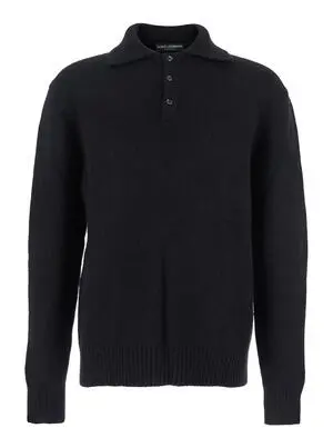 Dolce & Gabbana Black Sweater With Polo Collar And Back Logo Patch In Wool - Multicolor