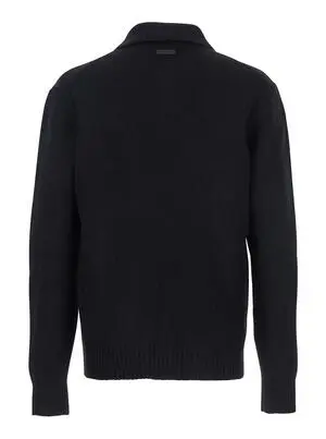 Dolce & Gabbana Black Sweater With Polo Collar And Back Logo Patch In Wool - Multicolor