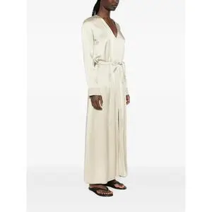 FORTE_FORTE Satin V-neck Long Sleeve Midi Dress
