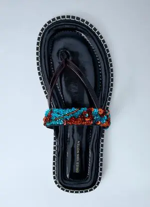 Dries Van Noten Embellished Whipstitched Leather Sandals - Blue