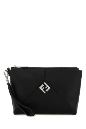 Fendi Leather Clutch With Silver Metal Finishing - Black