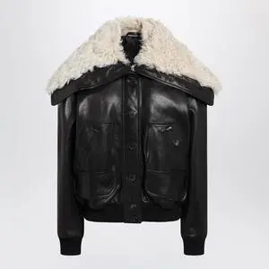 Attico Leather Bomber Jacket With Shearling Collar - Black