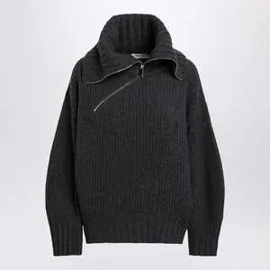 Attico Dark Grey Wool And Cashmere Sweater With Zip - Gray