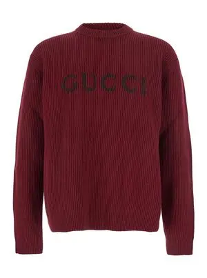 Gucci Bordeaux Crewneck Sweater With Logo Lettering Embroidery On The Front In Wool - Multicolor