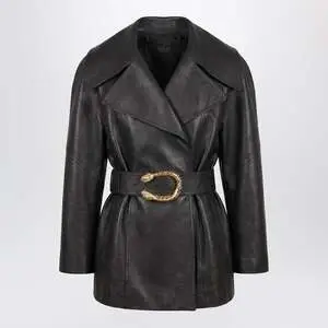 Gucci Leather Jacket With Dionysus Belt - Black