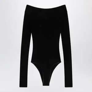 Alaïa Shaping Ribbed Knit Off-shoulder Bodysuit - Black
