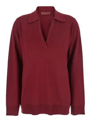 Gucci Bordeaux Polo Collar Sweater With Gg Logo On The Front In Wool - Multicolor