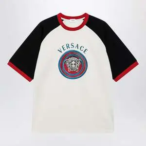 Versace Black Cotton T-shirt With Medusa Print - White