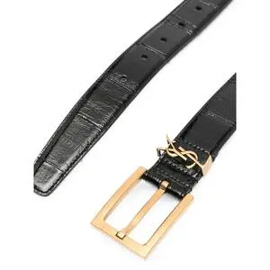 Saint Laurent Crocodile Effect Patent Leather Belt - Black