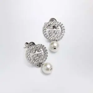 Gucci Gg Earrings With Crystals And Pearls - Silver