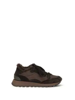 Brunello Cucinelli Suede And Techno Fabric Sneakers With Shearling Lining And Monile - Brown