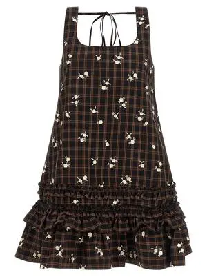 GANNI Check Flower Mini Dress - Brown