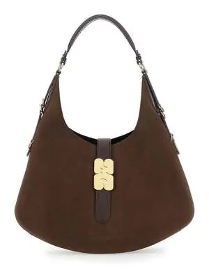 GANNI Kat Large' Brown Shoulder Bag With Butterfly Plaque On Front In Suede - Multicolor