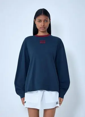 Miu Miu Cotton Jersey Sweatshirt With Logo Motif - Blue