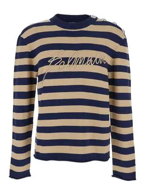 Balmain Blue Crewneck Sweater With Logo Lettering On The Front And All-over Striped Motif In Wool - Multicolor