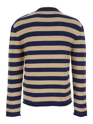 Balmain Blue Crewneck Sweater With Logo Lettering On The Front And All-over Striped Motif In Wool - Multicolor