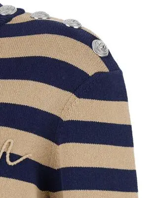 Balmain Blue Crewneck Sweater With Logo Lettering On The Front And All-over Striped Motif In Wool - Multicolor