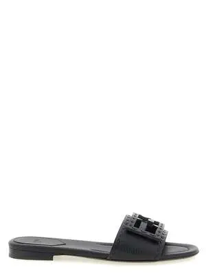 Fendi Baguette Leather Slides - Black