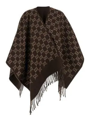 Gucci Cape With Fringes And Gg All-over Motif In Brown Wool For - Multicolor