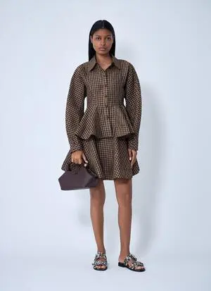 GANNI Crinkle Peplum Shirt - Brown