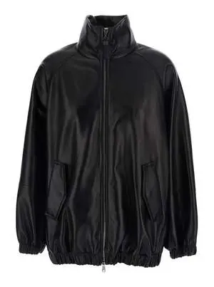 Brunello Cucinelli Black High Collar Jacket With Elasticized Trims In Leather For - Multicolor
