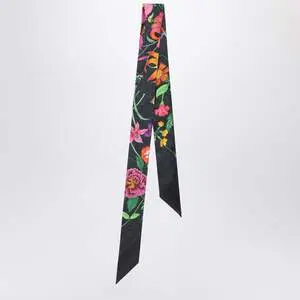 Gucci Silk Ribbon With Gg Flora Print - Black