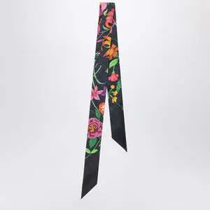 Gucci Silk Ribbon With Gg Flora Print - Black