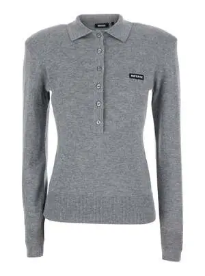 ROTATE BY BIRGER CHRISTENSEN Grey Long Sleeve Polo With Classic Collar And Logo Patch On Front In Wool For - Multicolor