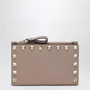Valentino Garavani Powder Leather Rockstud Zip Card Holder - Pink