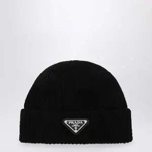Prada Wool Hat With Triangle Logo - Black