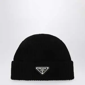 Prada Wool Hat With Triangle Logo - Black