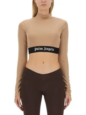 Palm Angels Cropped Top With Logo - Cream