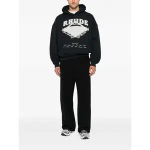 Rhude Logo Print Cotton Hoodie - Black