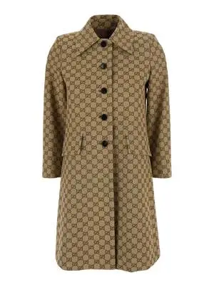 Gucci Beige Coat With Pointed Collar In Gg Canvas For - Multicolor