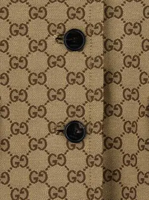Gucci Beige Coat With Pointed Collar In Gg Canvas For