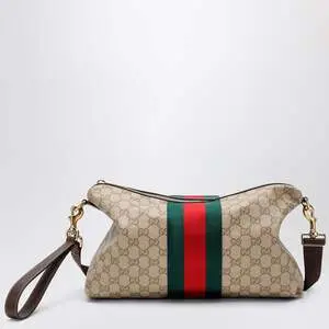 Gucci Medium Gg Crossbody Bag In Coated Fabric With Web Stripe - Cream