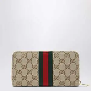 Gucci Horsebit Web Zipped Wallet In Gg Canvas Beige - Cream
