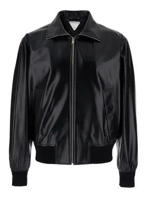 Bottega Veneta Black Bomber Jacket With Two Front Welt Pockets In Leather - Multicolor