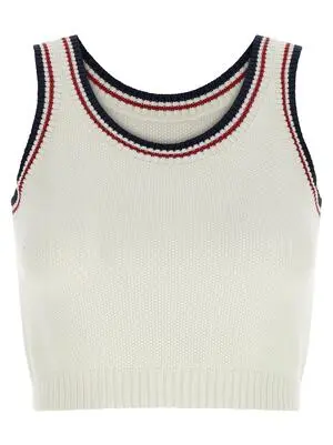 Brunello Cucinelli Striped Trim Cotton Knit Crop Top - White