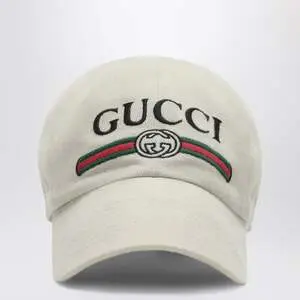 Gucci Beige Cotton Baseball Cap With Embroidered Logo - Cream